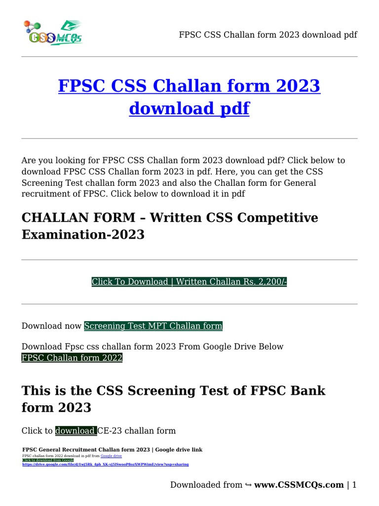 FPSC CSS Challan Form 2023 Download PDF | PDF | Business | Finance ...