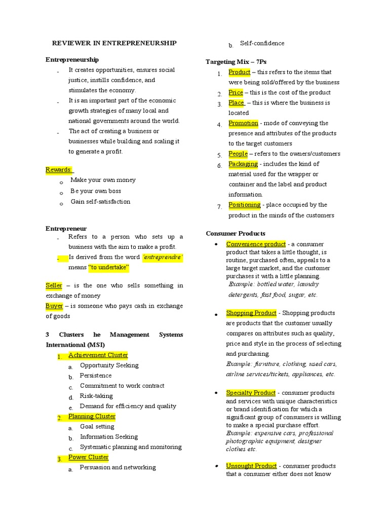Reviewer - Entrepreneurship 1st Quarterly Exam | PDF | Entrepreneurship ...