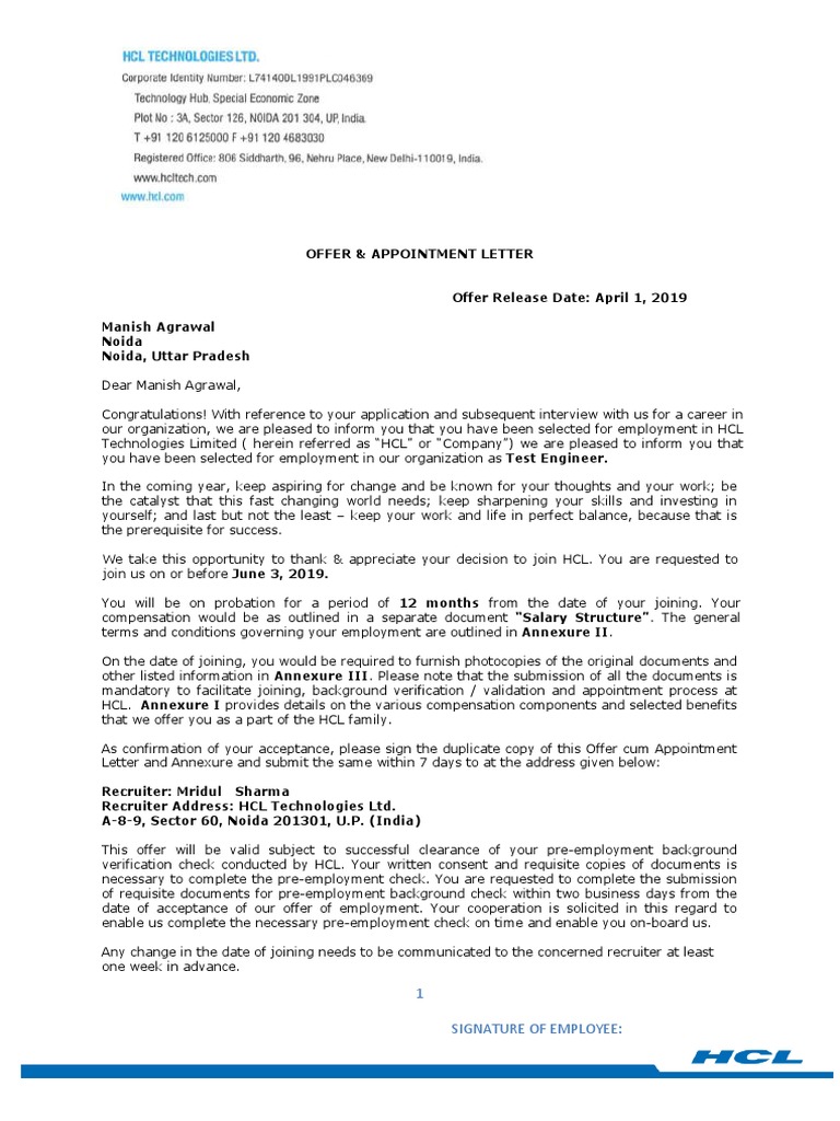 Offer Letter - Manish | PDF | Insurance | Employment