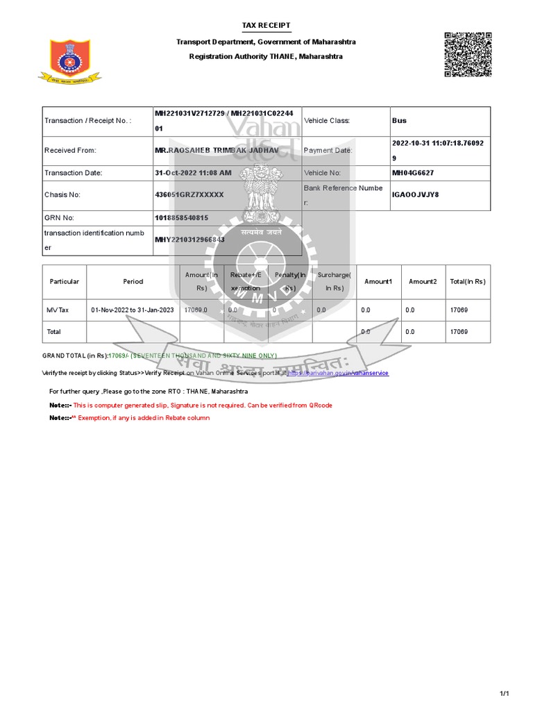 Maharashtra Tax Receipt for Bus MH04G6627 | PDF | Receipt | Government
