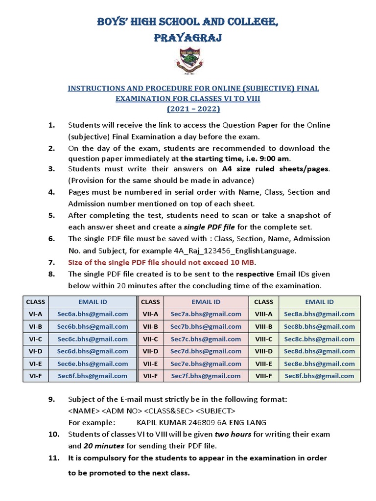 Bhs-Procedure For Written Online Exams Class 6-8 | PDF | Test (Assessment)