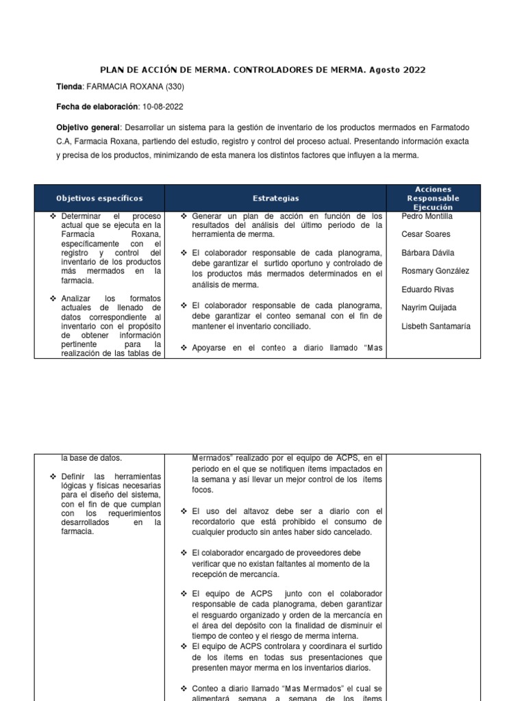 Plan de acción para controlar y reducir la merma de productos en la ...