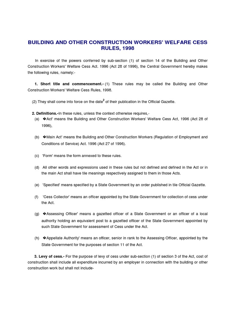 The Building and Other Construction Workers Cess Rules, 1998 | PDF ...
