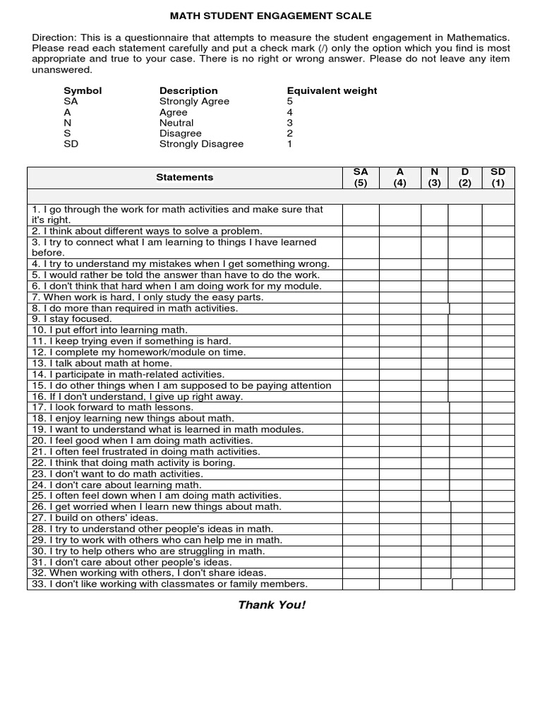 Math Student Engagement Scale | PDF | Mathematics | Cognition