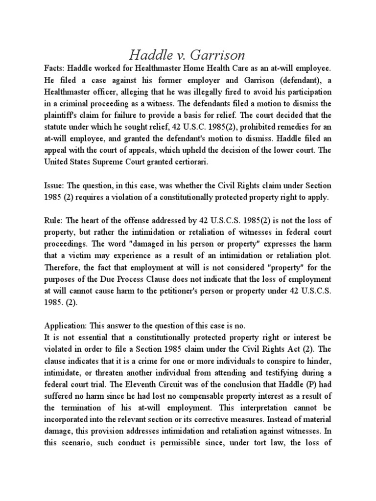Haddle V Garrison | PDF | Cause Of Action | At Will Employment