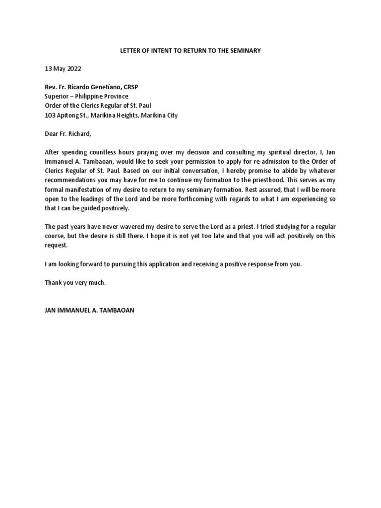 LETTER-OF-INTENT-TO-RETURN-TO-THE-SEMINARY | PDF