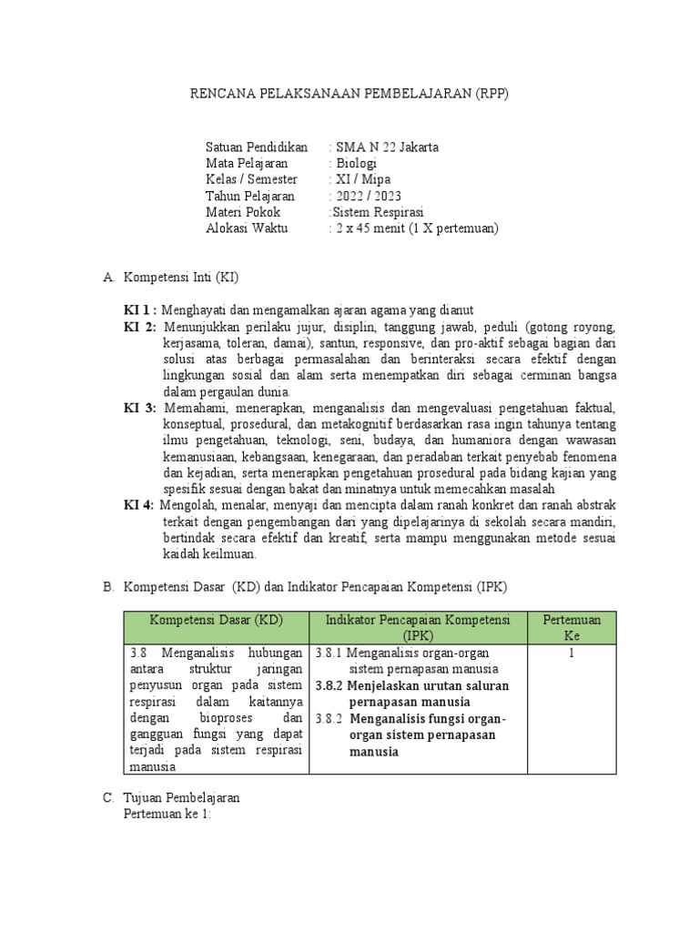 RPP Sistem Pernapasan Kls 11 | PDF