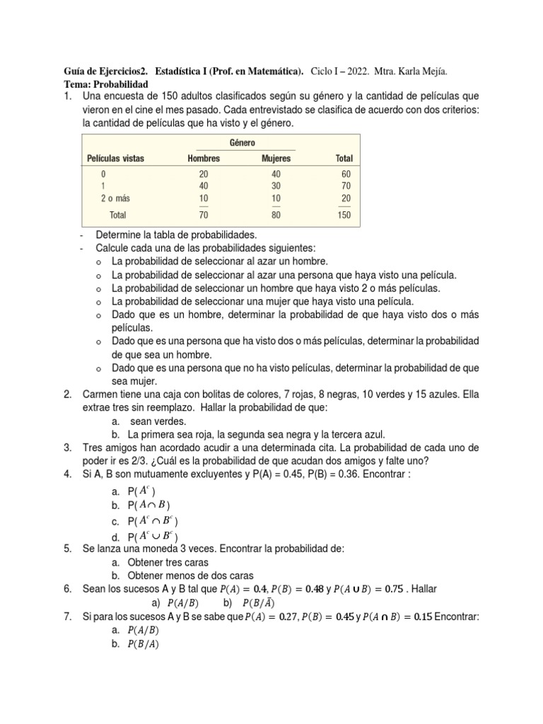 Guía de Ejercicios#2 - Probabilidad | PDF | Probabilidad