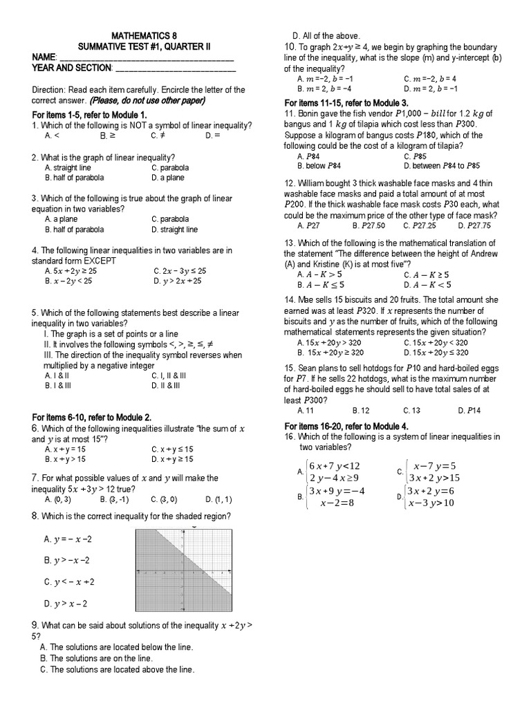 Math8 Summative#1 Ptask#3 Q2 | PDF | Inequality (Mathematics) | Line (Geometry)