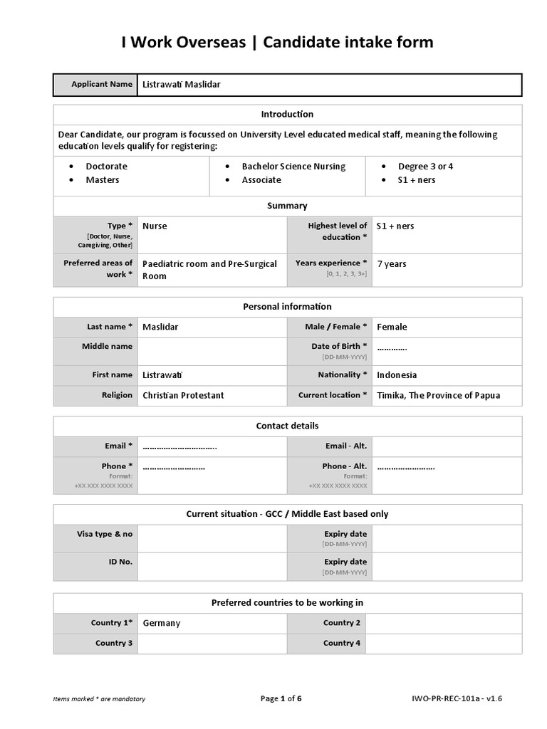 Contoh - IWO-Candidate Intake Form | Download Free PDF | Surgery | Nursing