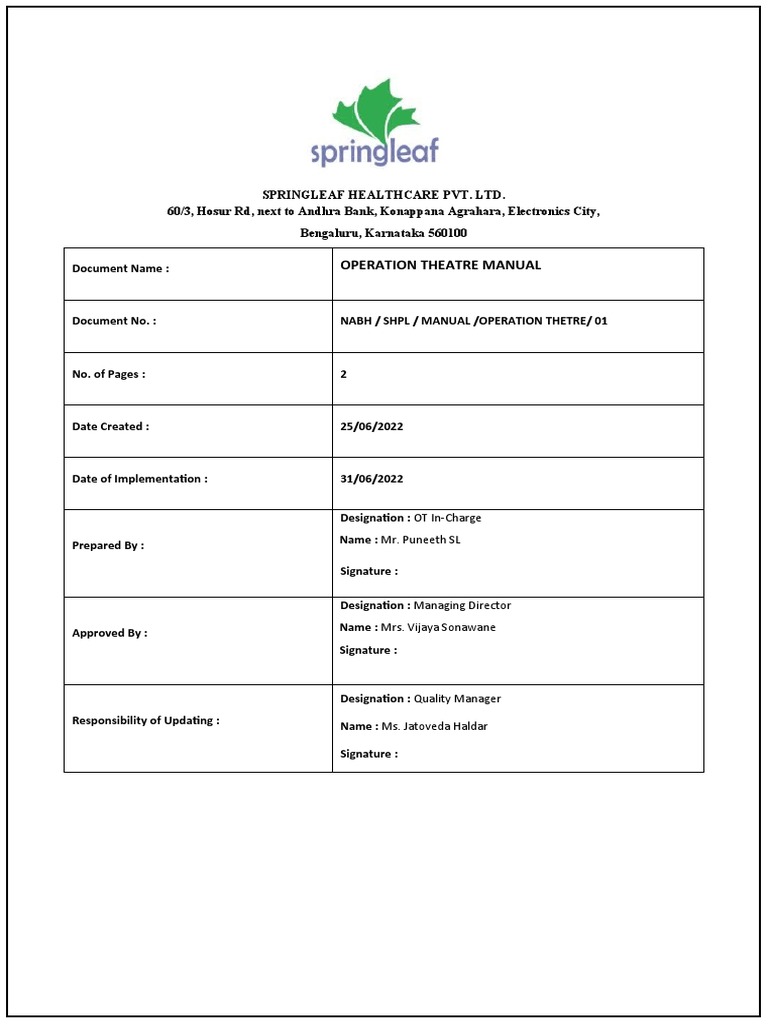 Operation Theatre Manual-1 | PDF | Anesthesia | Surgery