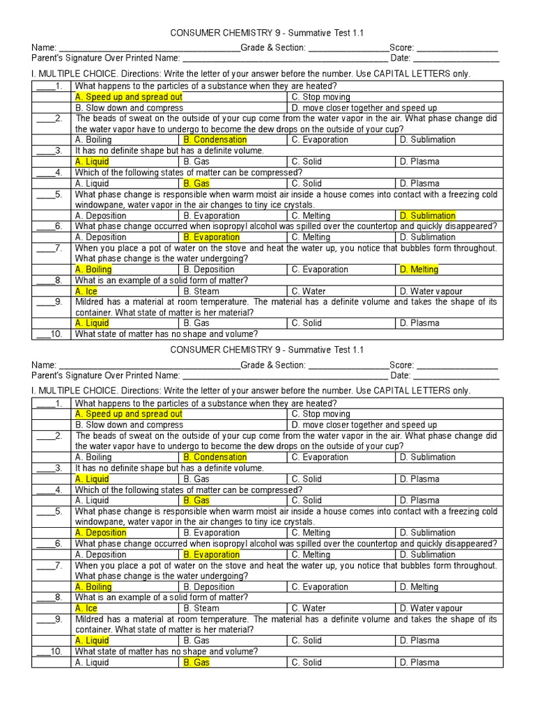 Summative - Consumer Chemistry 9 - 1.1 | PDF | Phase (Matter) | Water