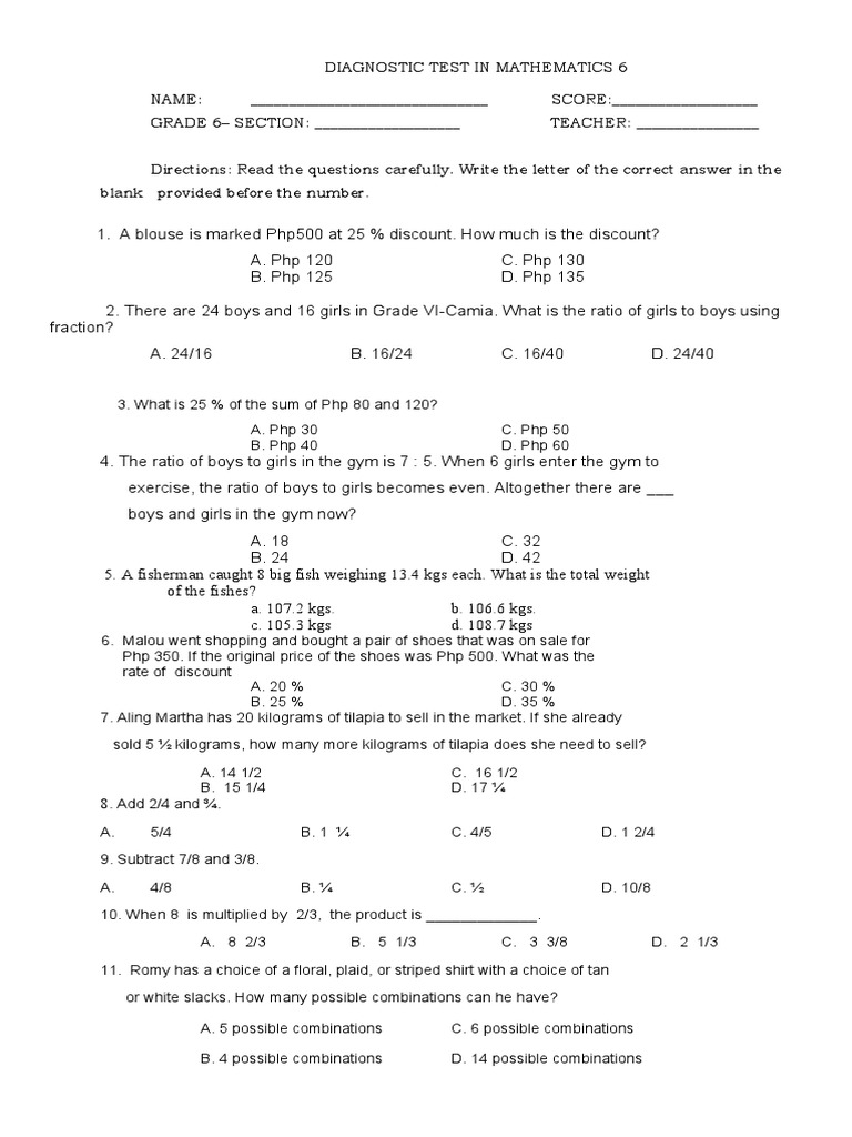 Mathematics - I - Diagnostic-Test (1) Grade 6 | Download Free PDF ...