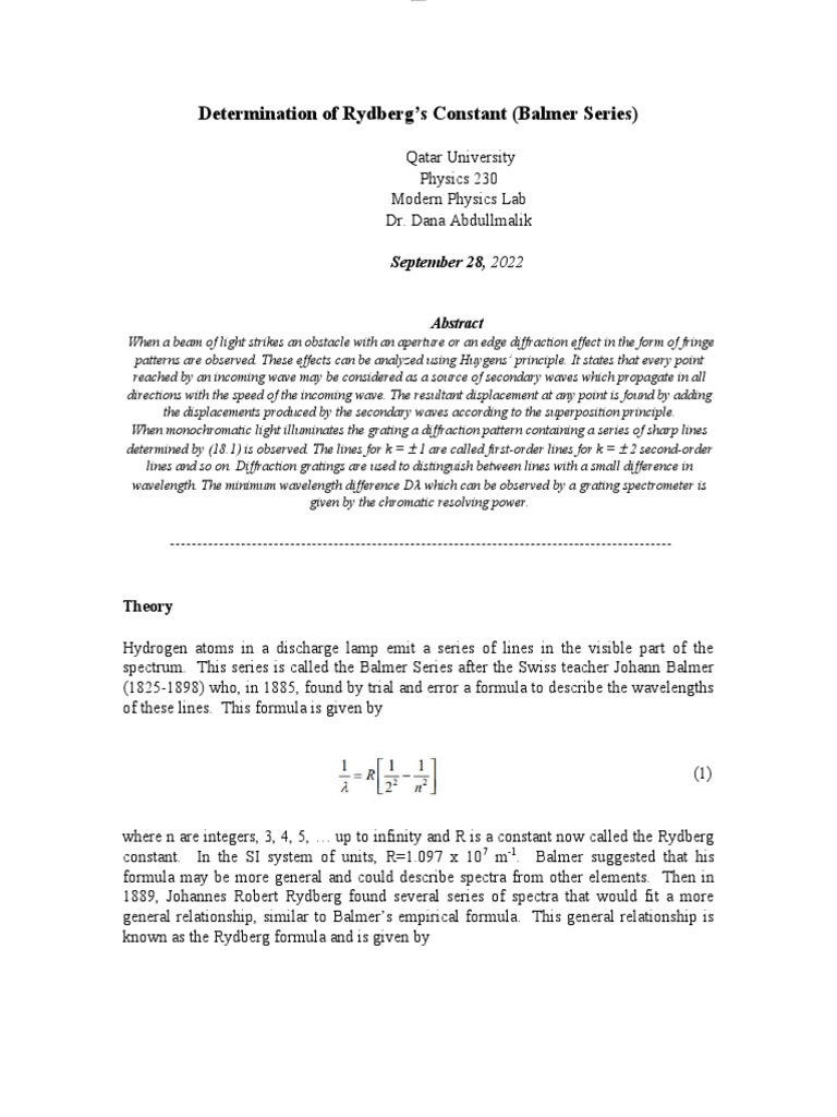 Balmer Series Lab Report | PDF | Photon | Electron
