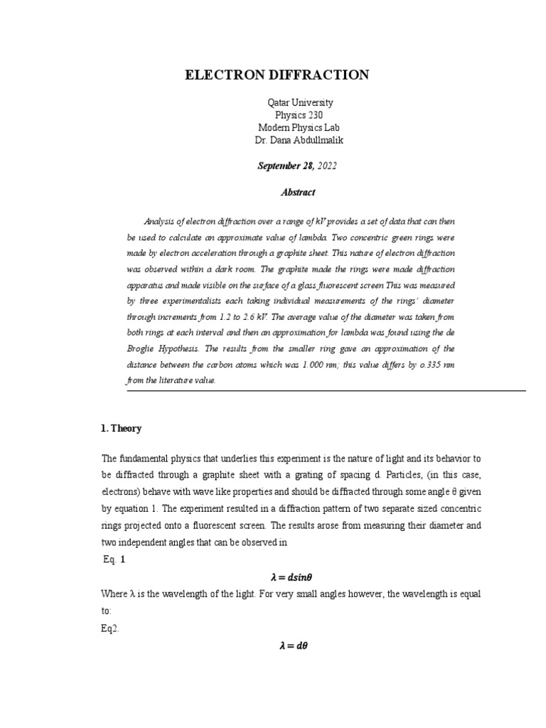 ELECTRON DIFFRACTION Report | PDF | Diffraction | Electron