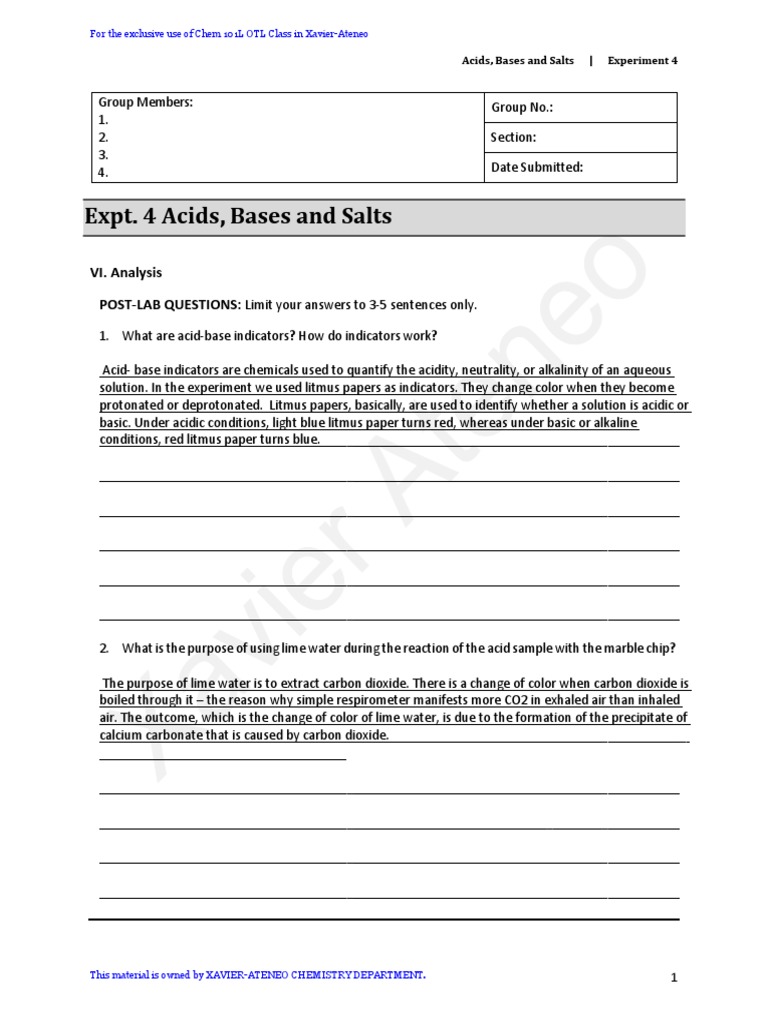 Exp 4 - Post Lab | PDF | Acid | Salt (Chemistry)