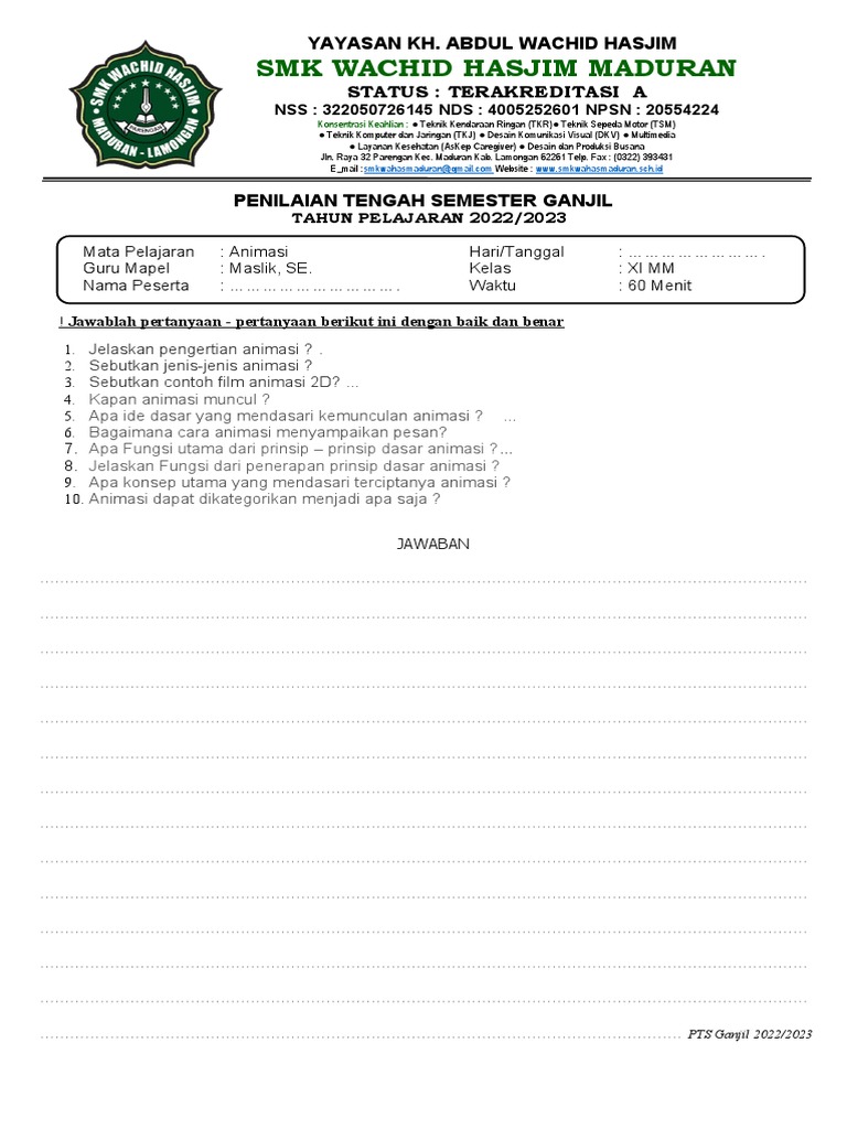 Soal Animasi Pts Ganjil Xi MM 2022-2023 | PDF