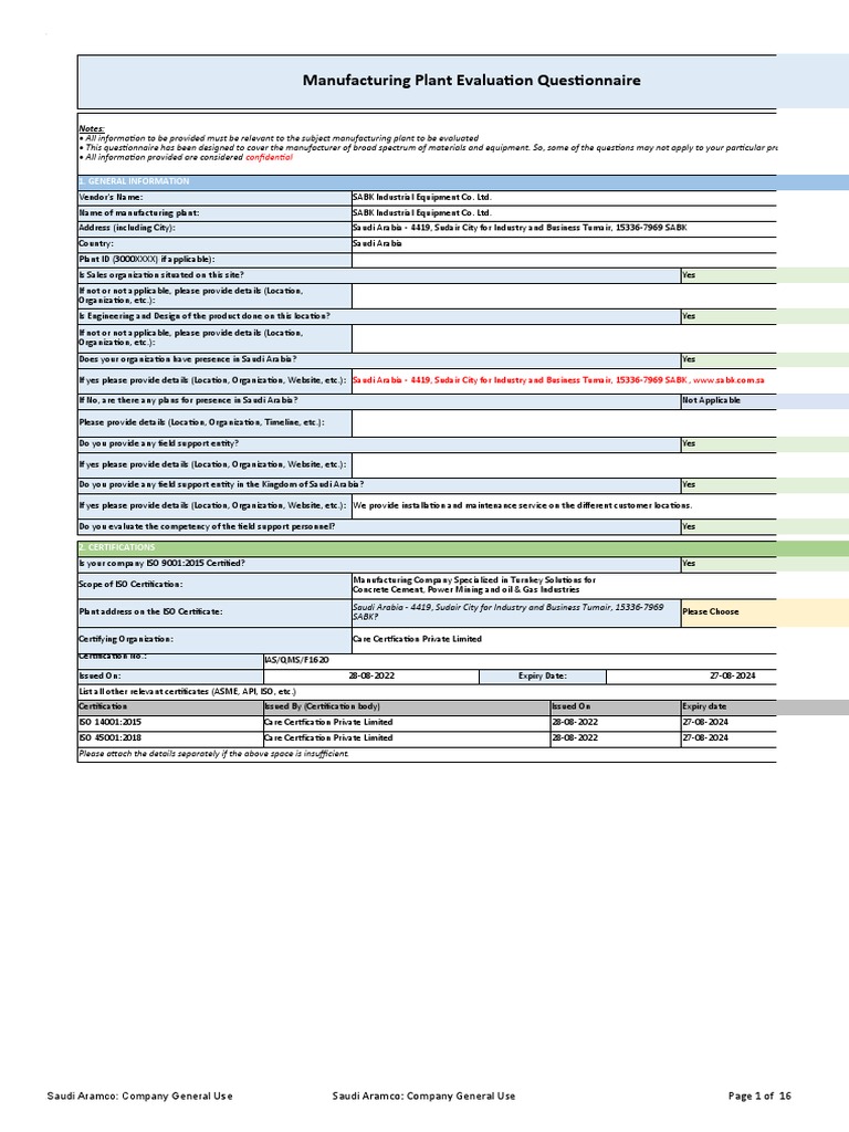 Saudi Aramco Manufacturing Plant Evaluation Questionnaire (RV0) (1) (1 ...