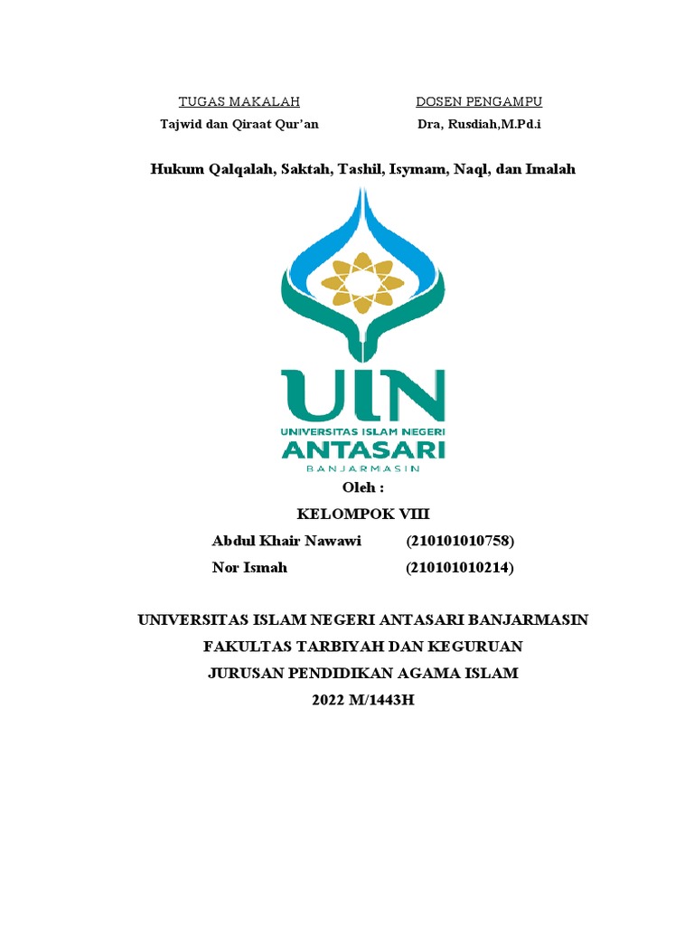 Makalah Kel 8 Tajwid (Qalqalah, Saktah, Isymam, Naql, Tahsil, Dan ...