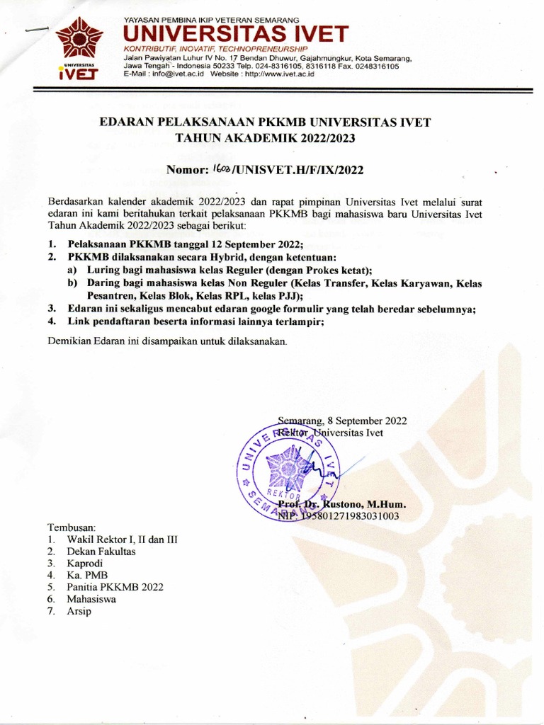 1603 Edaran Pelaksanaaan PKKMB Universitas Ivet | PDF