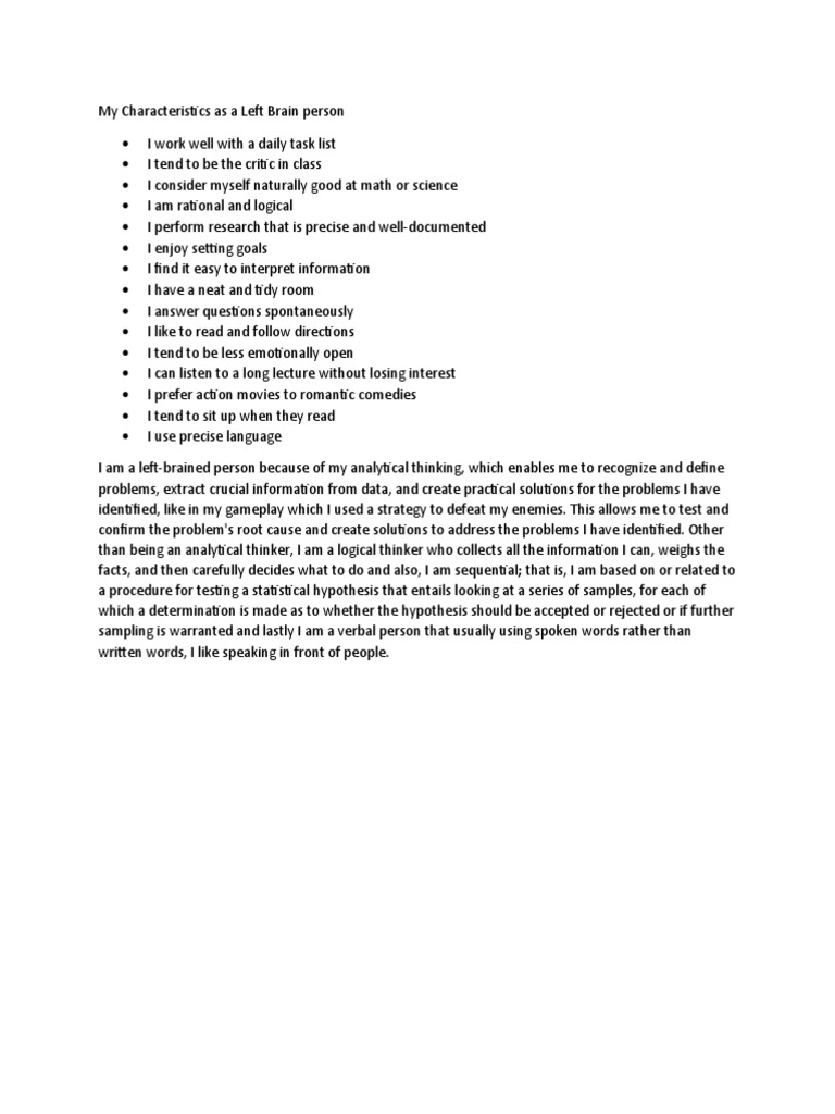 My Characteristics As A Left Brain Person | PDF | Self-Improvement ...