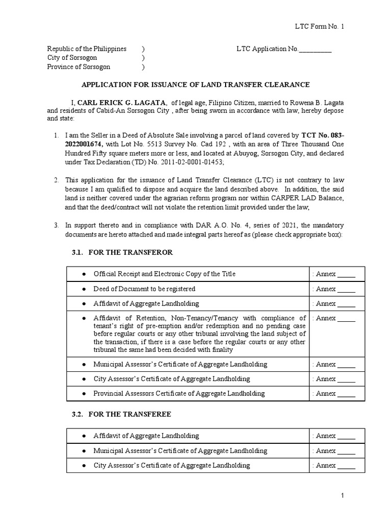 Land Transfer Clearance Application Form | PDF | Private Law | Government