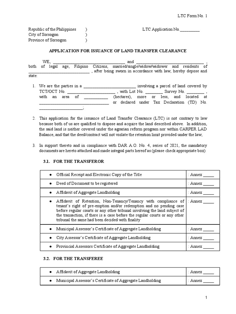 DAR - Application For Issuance of Land Transfer Clearance | PDF ...