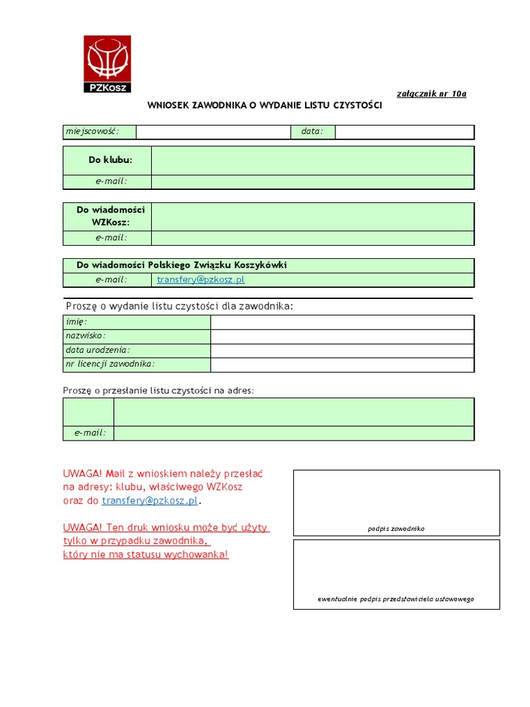 PZKosz-zal 10a Wniosek Zawodnika o List Czystosci | PDF