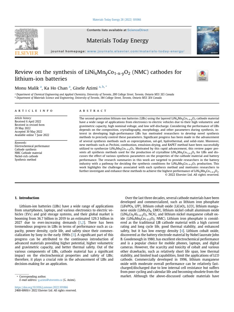 Review On The Synthesis of LiNixMnyCo1-x-yO2 (NMC) Cathodes Forlithium ...