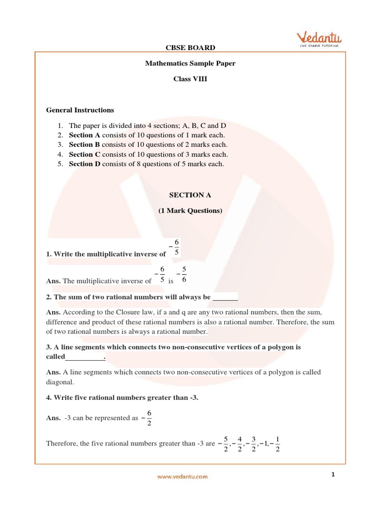 CBSE Class 8 Mathematics Sample Paper | PDF | Area | Angle