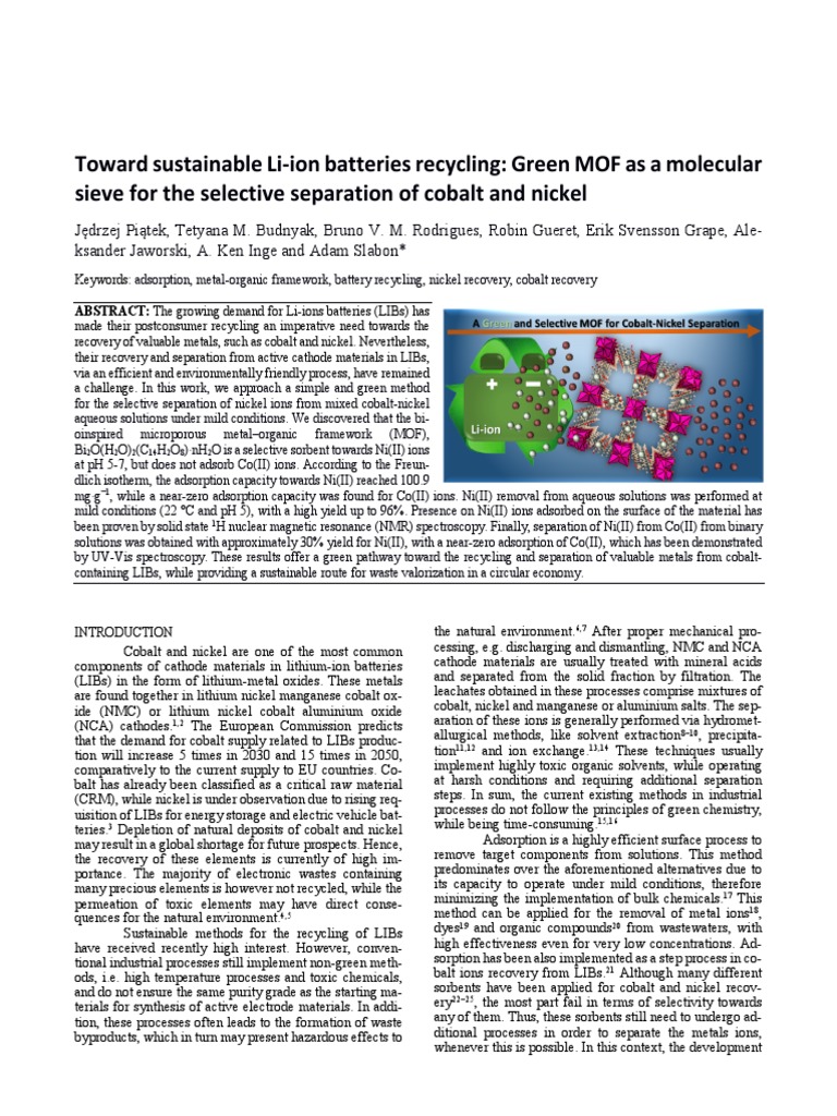 Toward Sustainable Li Ion Batteries Recycling Green Mof As A Molecular Sieve For The Selective ...