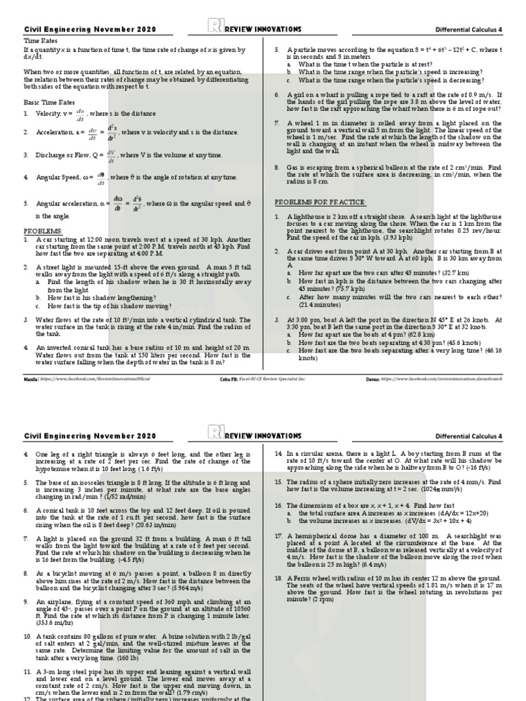 CE Board Nov 2020 - Differential Calculus - Set 4 | PDF | Speed | Sphere