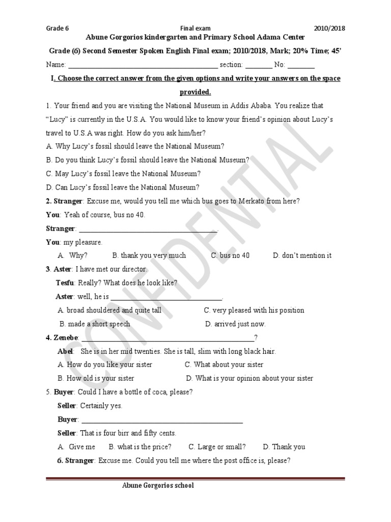 Assessing English Language Proficiency: A Sample Final Exam for 6th ...