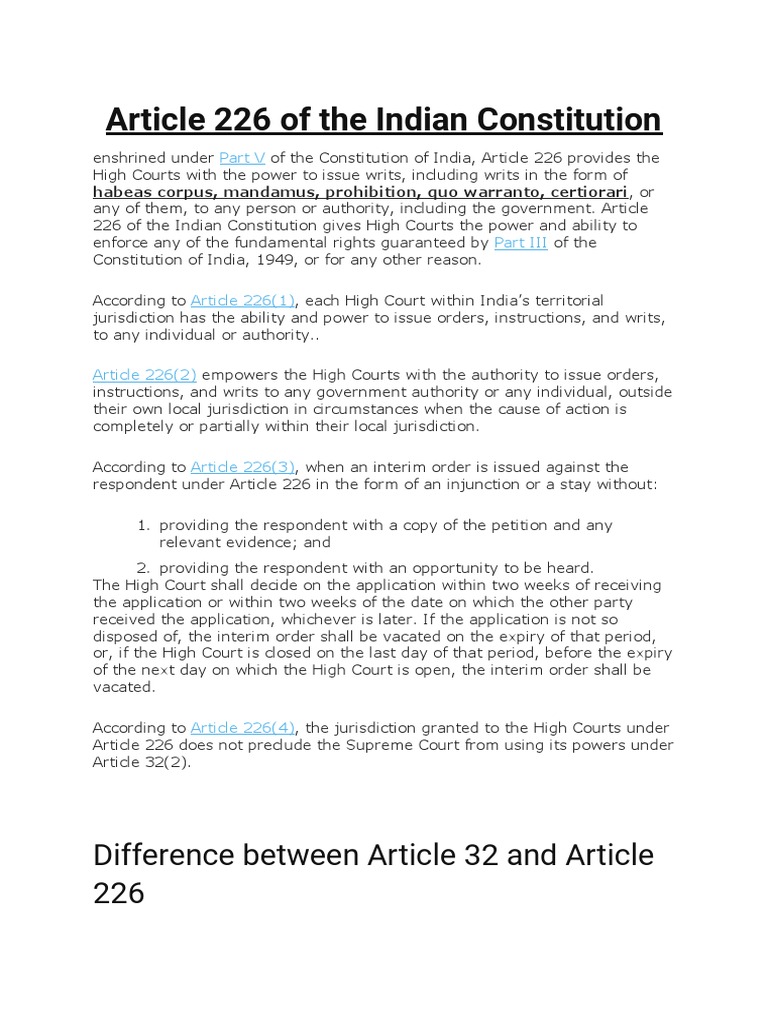 Article 226 of The Indian Constitution | PDF | Writ | Certiorari