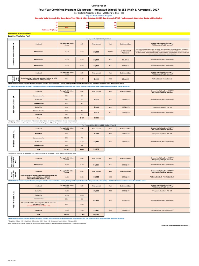 Four Year Combined Program (Classroom + Integrated School) For JEE (Main & Advanced), 2027 | PDF ...