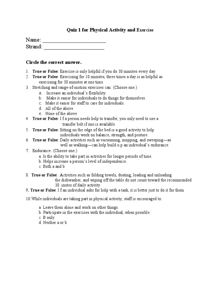 Quiz 1 For Physical Activity and Exercise | PDF