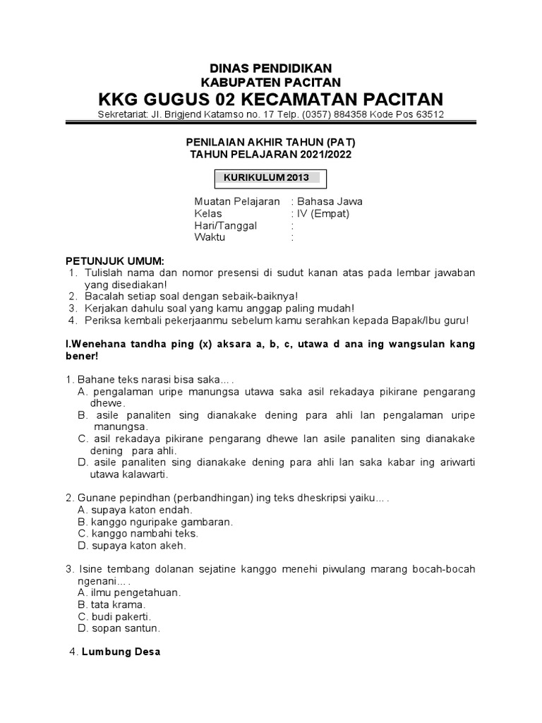 Soal - Pat - KKG - B.jawa - Nila - SD Nuris | PDF