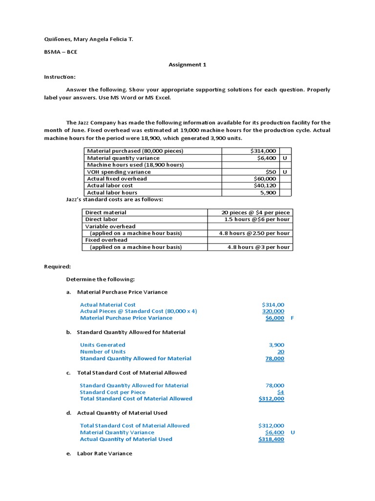 Assignment 1 Finals - Quiñones | PDF | Variance | Management Accounting