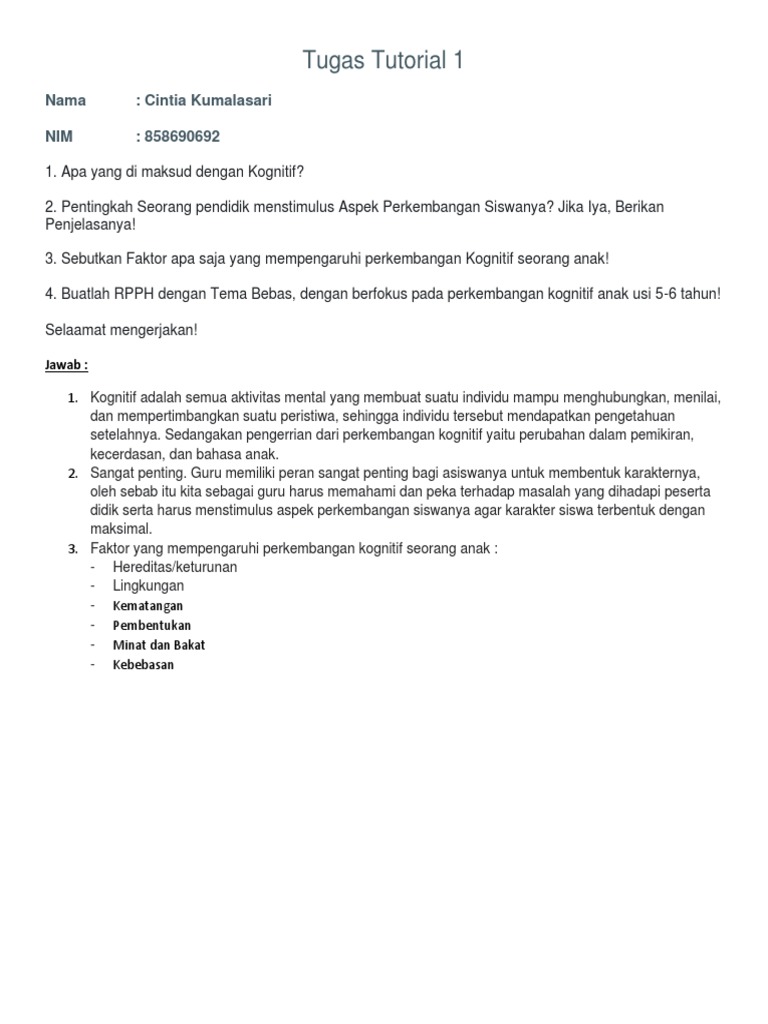 Tugas Kognitif untuk Guru PAUD | PDF