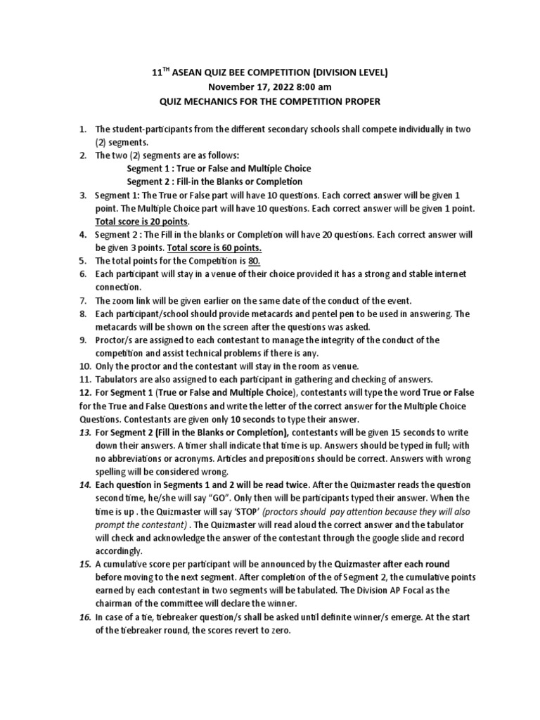 ASEAN Quiz Bee 2022 Mechanics | PDF | Multiple Choice