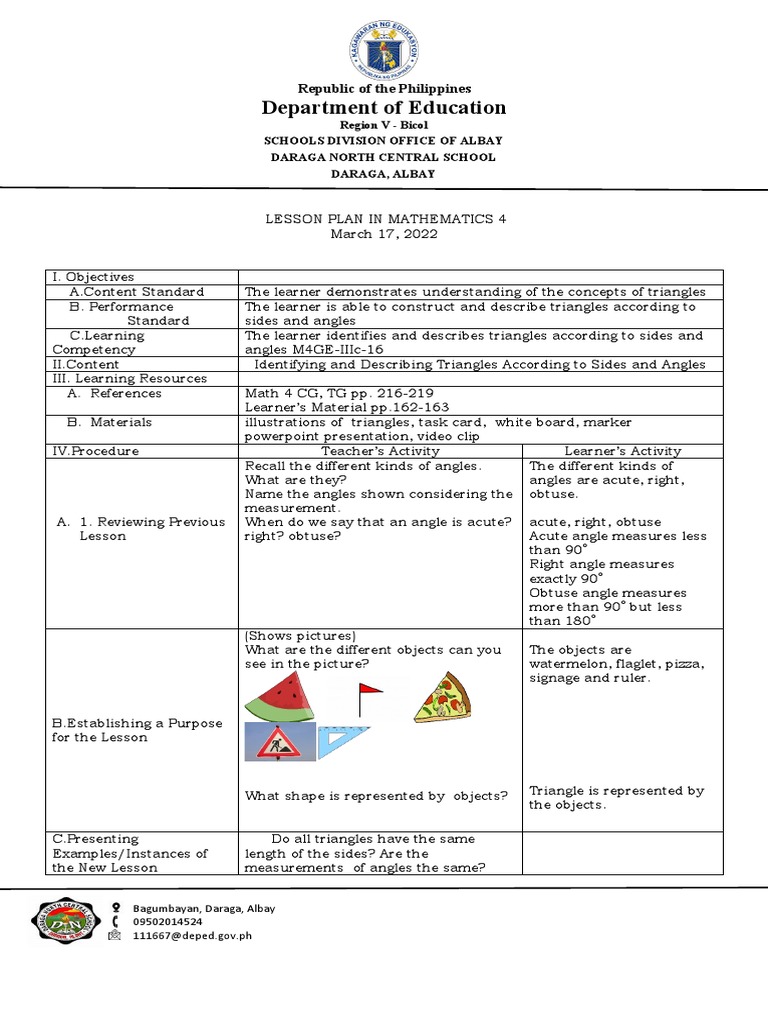 Mathematics 4 DLP For COT1 | PDF | Triangle | Triangle Geometry