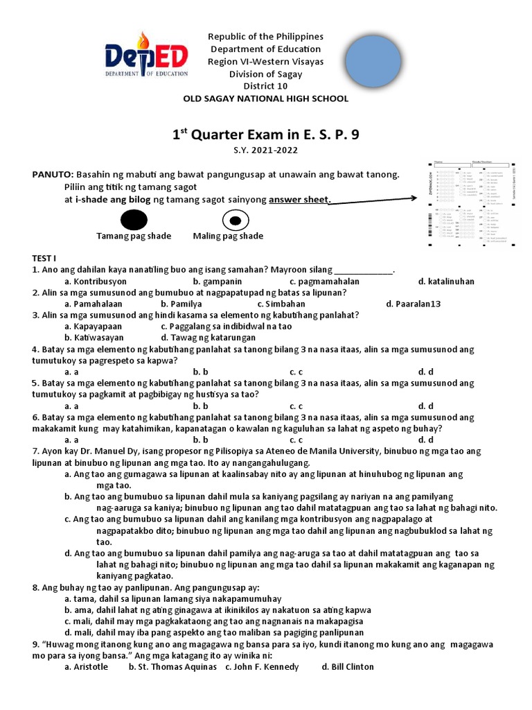 ESP 1st Quarter Exam SY 2022 2023 | PDF
