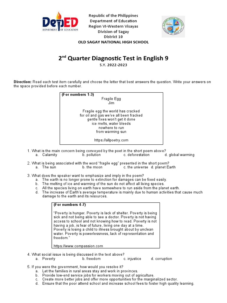 Diagnostic Test - English 9 - Q2 - SY22-23 | PDF | Narration | Teenage ...