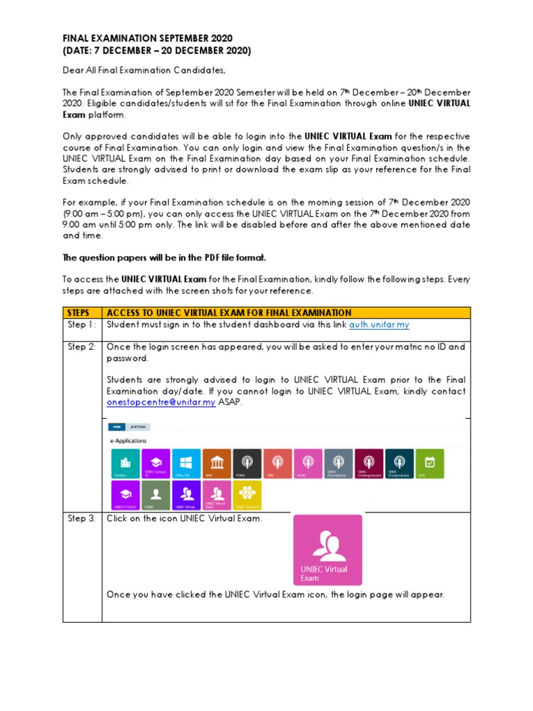 Access To UNIEC VIRTUAL EXam For Final Examination September 2020 | PDF ...