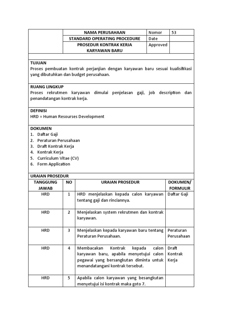 SOP Kontrak Kerja Karyawan Baru | PDF