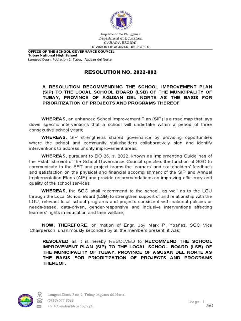 SGC Resolution for School Improvement Plan | PDF | Government