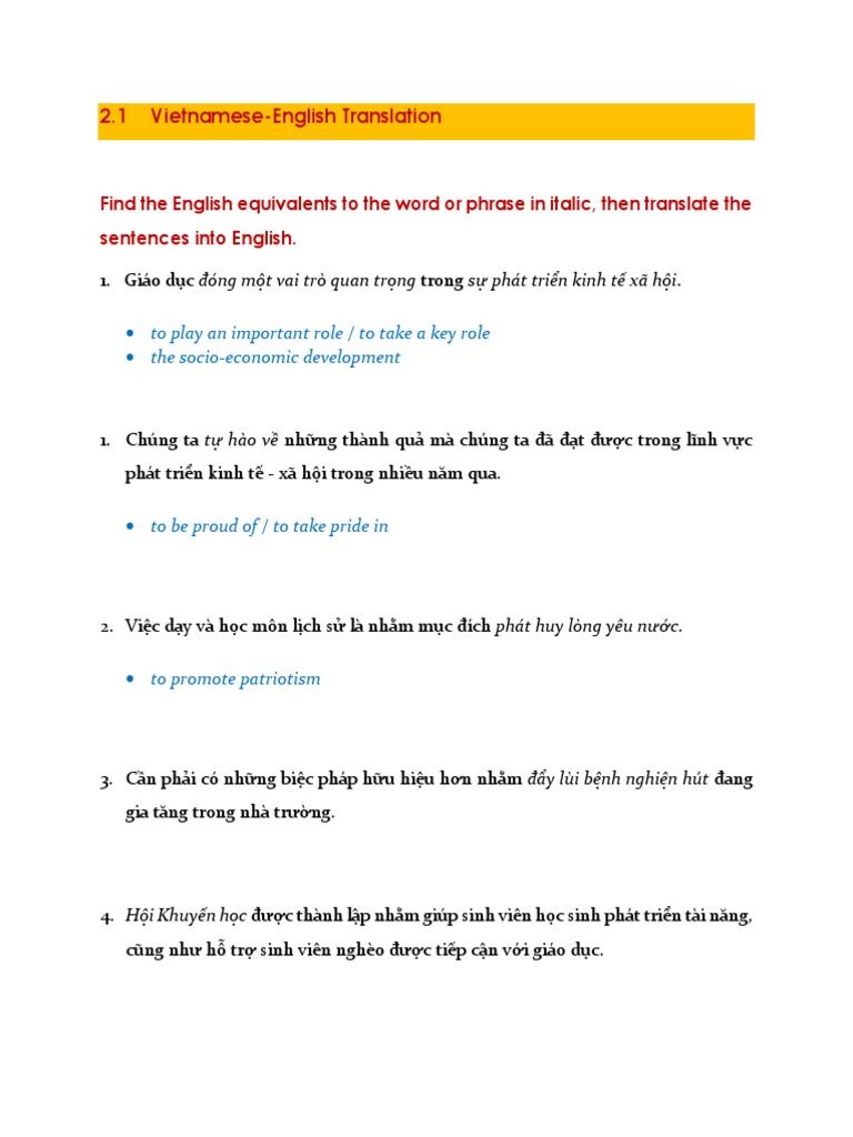 TOPIC 2 - Vietnamese-English Translation Practice | PDF