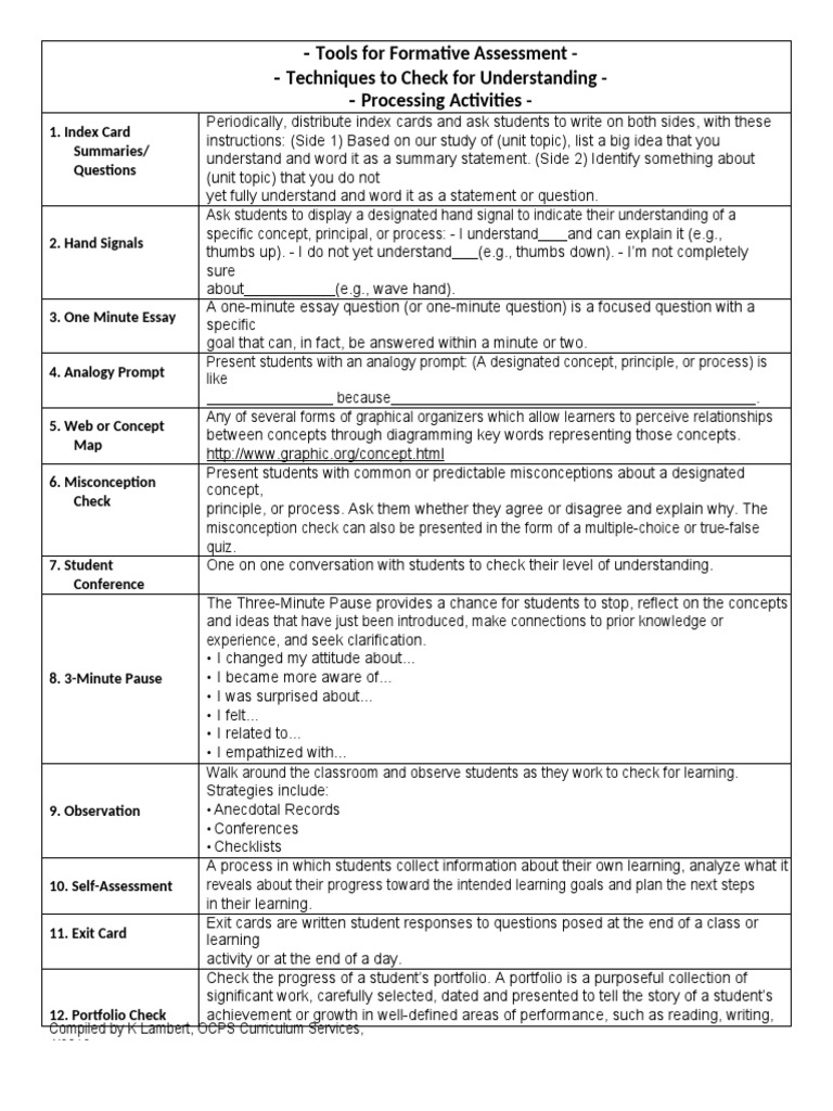 Formative Assessment Tools Overview | PDF | Question | Analogy