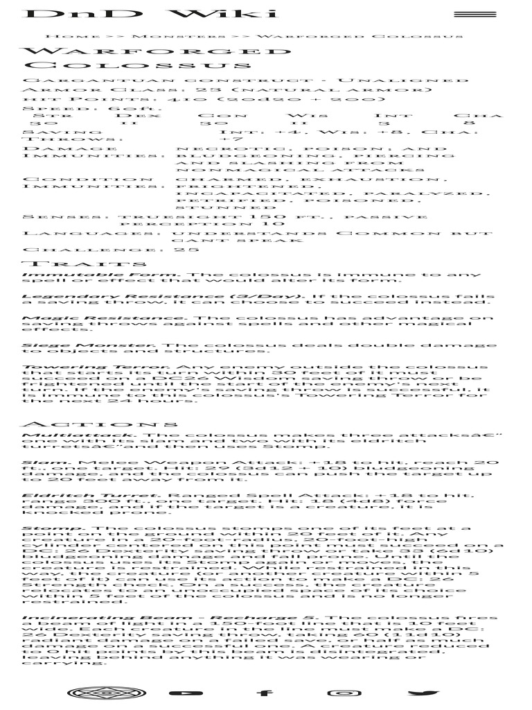 Warforged Colossus 5E Statblock | PDF | Role Playing Games