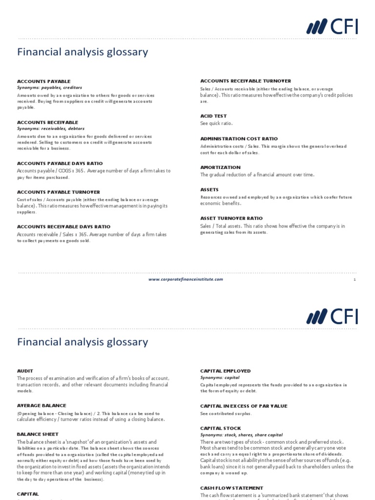 CFI Financial Analysis Glossary | PDF | Book Value | Equity (Finance)